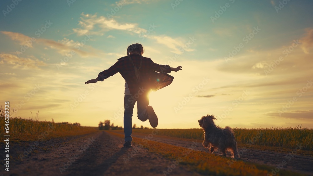 teen girl running with a dog in the park. happy family freedom a kid ...
