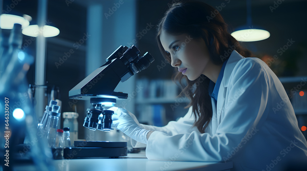 Young female microbiologist checks medical samples by a microscope in a ...
