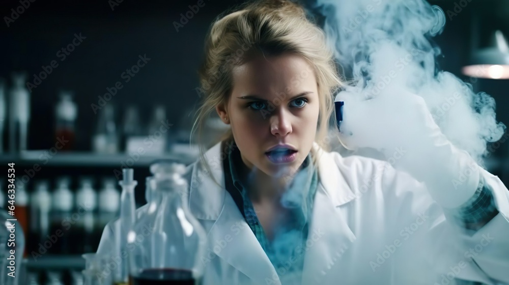 Shocked surprised female chemist makes an innovative scientific ...