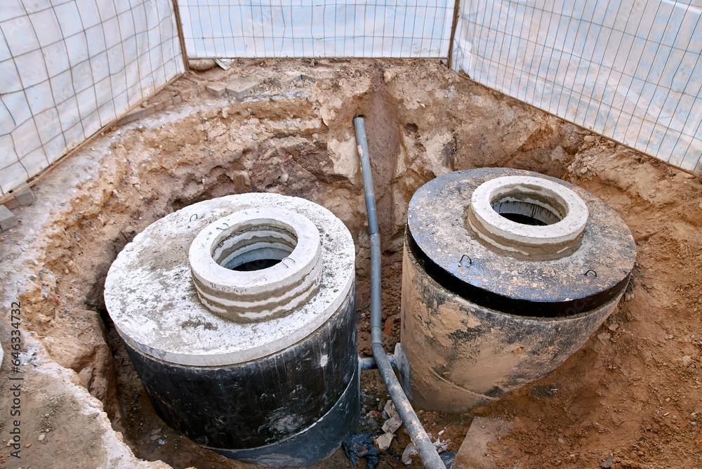 Construction of water main and sewer well in the ground at construction ...
