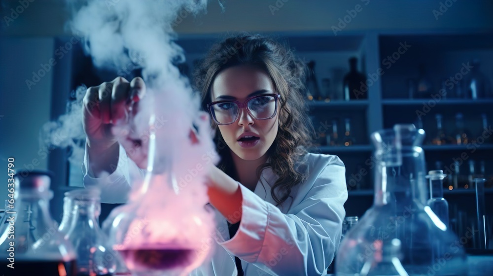 Surprised female scientist conducts experiment with test tubes and ...