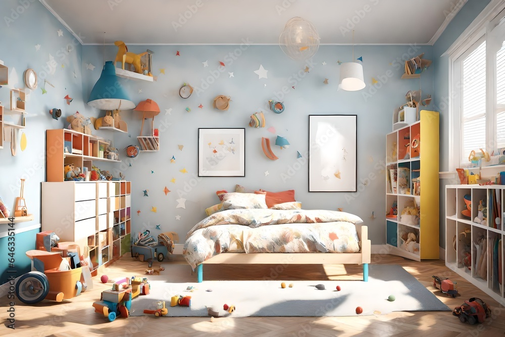 3D scene of a kids' room optimized for creativity. Highlight a spacious ...