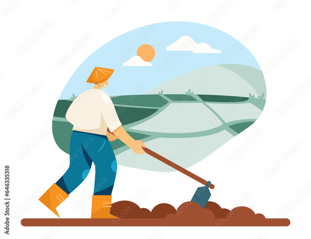 Man holding plant processing tool and working on rice plantation. Rice ...