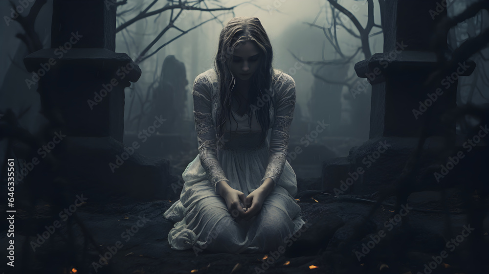 Scary sad prying blond ghost girl in the cemetary- horror theme Stock ...