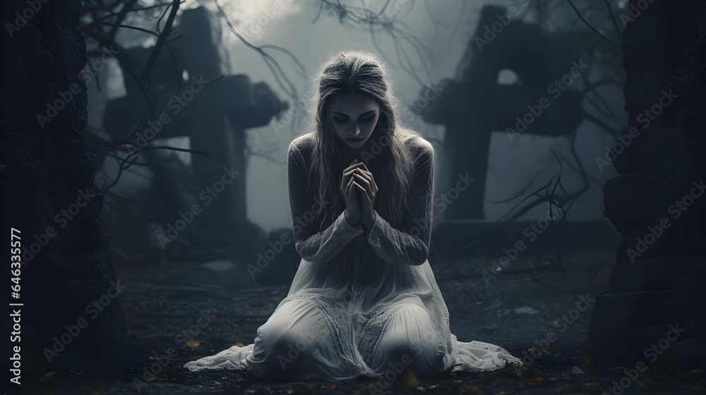 Scary sad prying blond ghost girl in the cemetary- horror theme Stock ...