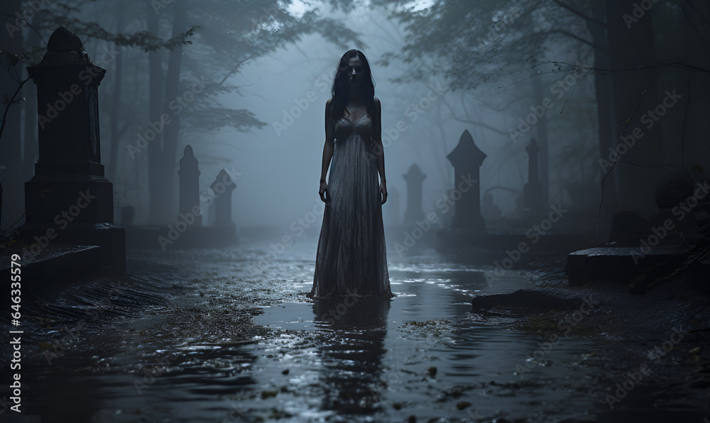 Scary sad prying blond ghost girl in the cemetary- horror theme Stock ...
