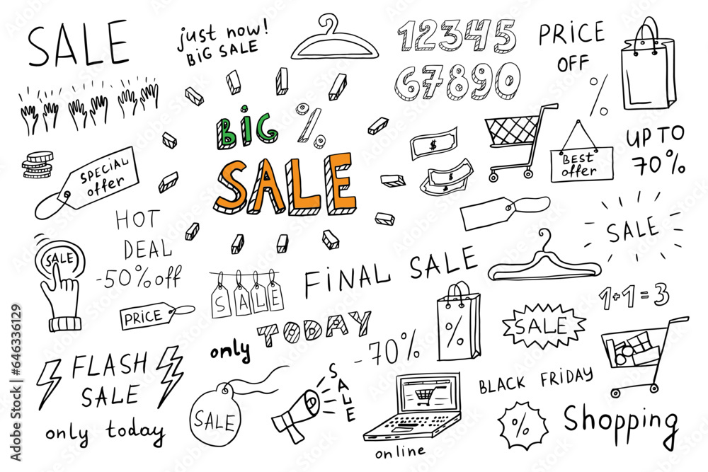 Set of shopping retail sale and discount in doodle style. Numbers, tags ...