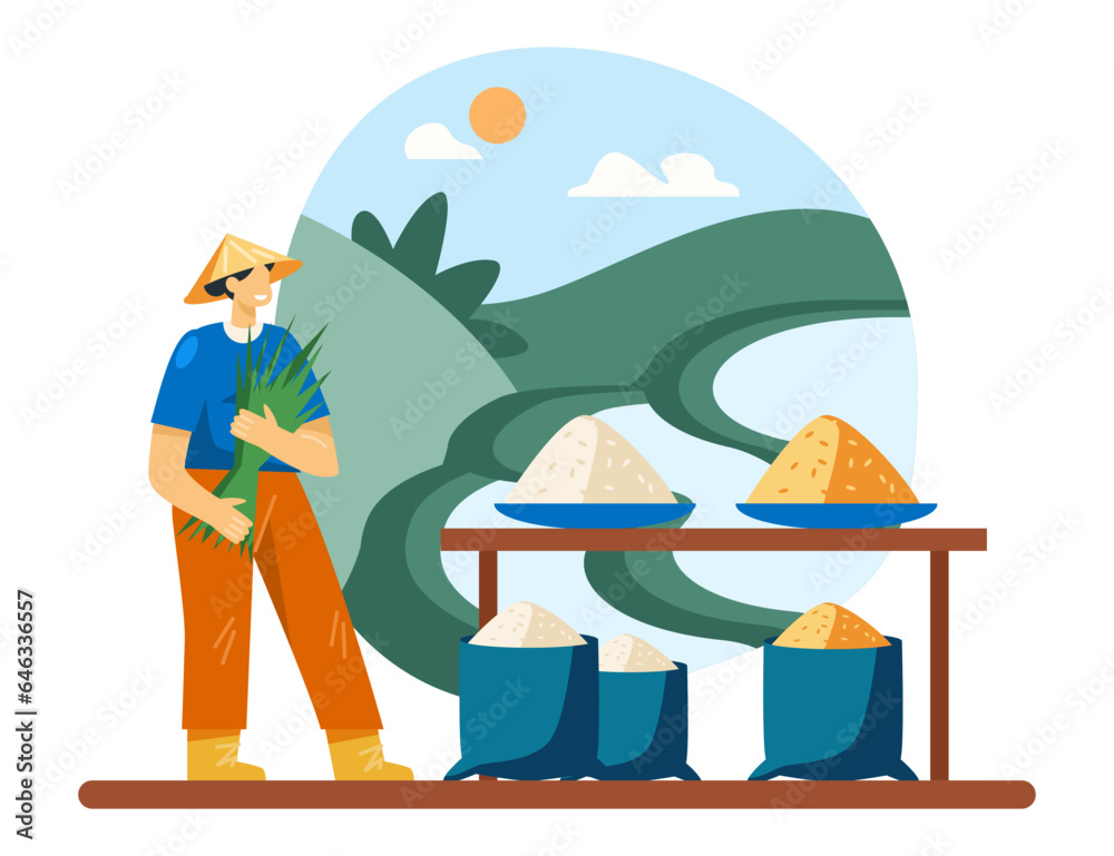 Female standing near table with rice of different varieties. Rice ...