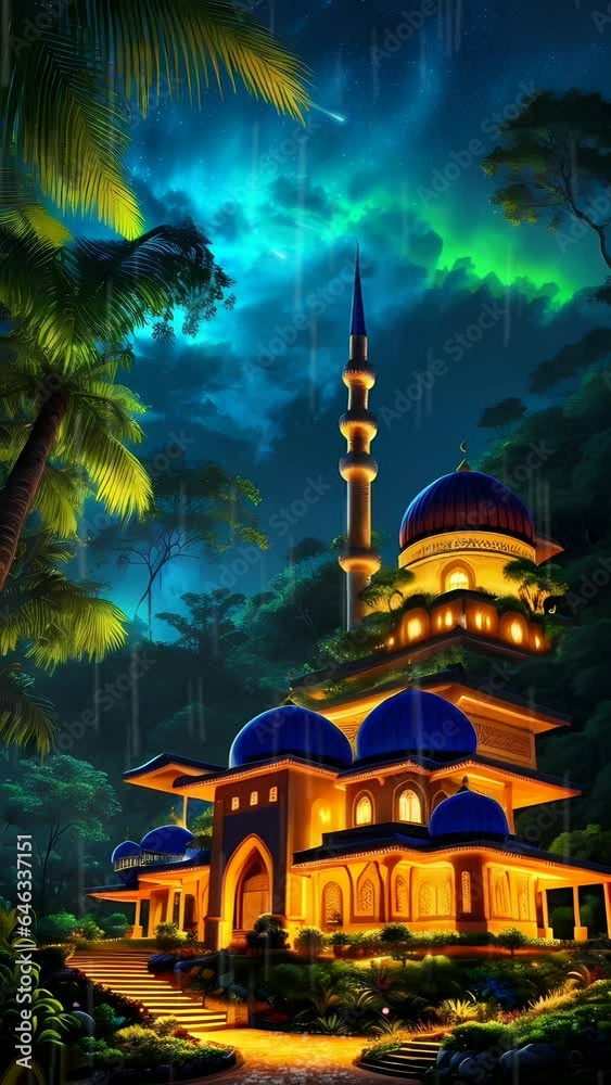 beautiful mosque at night with rain in the jungle, Seamless Animation ...
