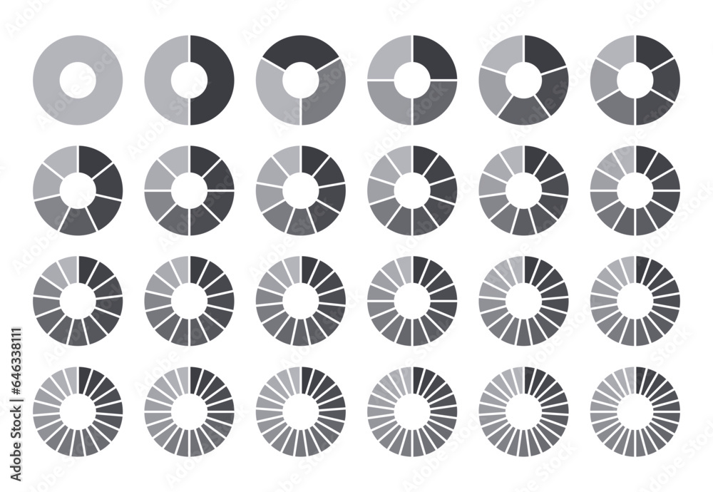 Circles divided into parts from 1 to 24. Black round chart for ...
