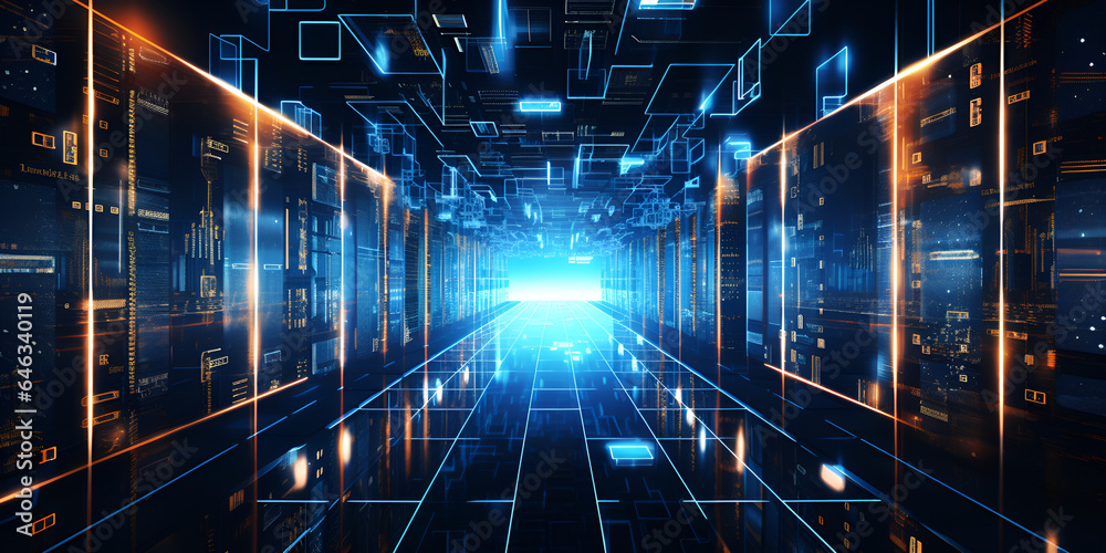 Abstract Blue Luminous Server racks in computer network security server ...