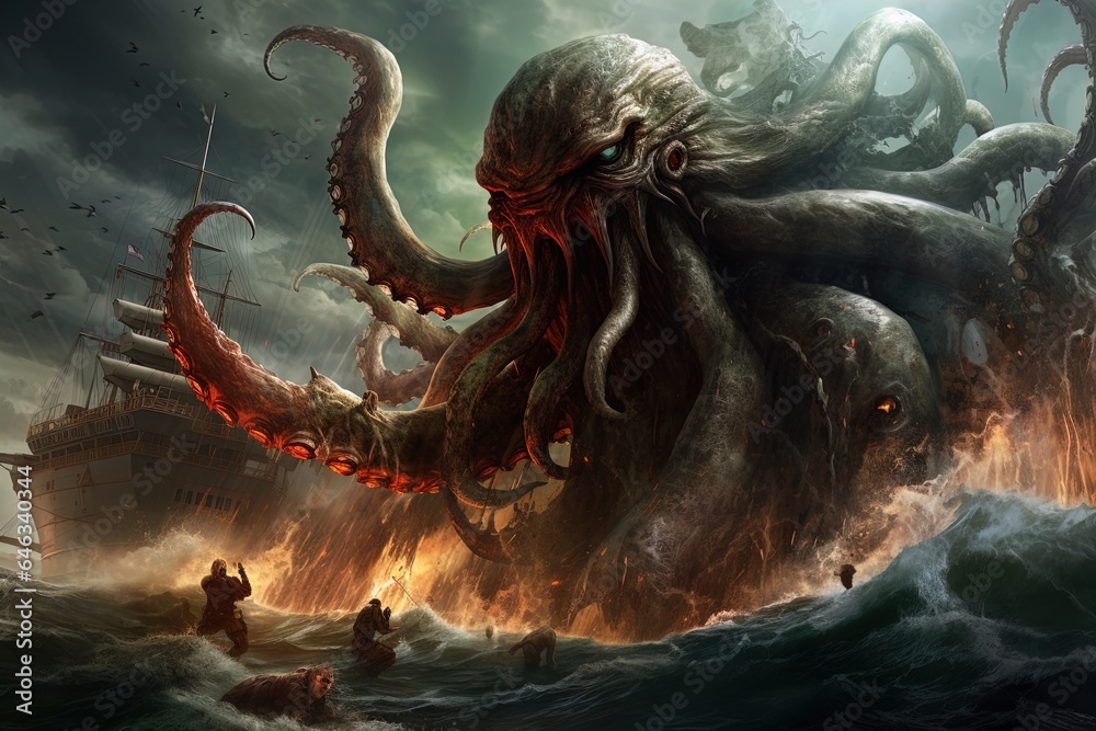 A monstrous Kraken attacks a ship. Great for stories on mythology, sci ...
