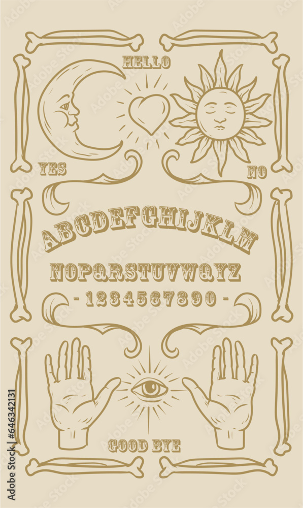 Ouija Board Illustration. Brown symbols of moon, sun, texts and ...
