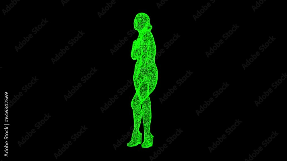 3D Woman in modest pose rotates on black background. Purity and ...