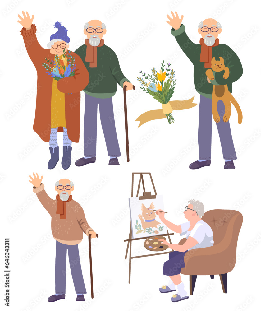 Set of elderly people characters in cartoon style, clipart.Vector ...