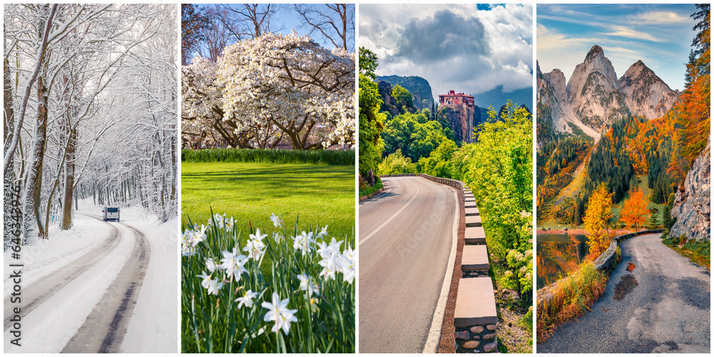 Collage of four seasons landscapes. Set of vertical pictures of nature ...