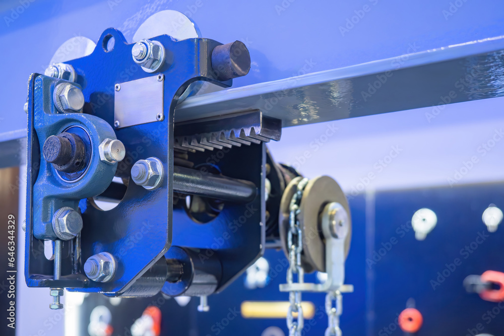 Suspended rail trolley. Mechanism for moving goods. Cargo trolley is ...