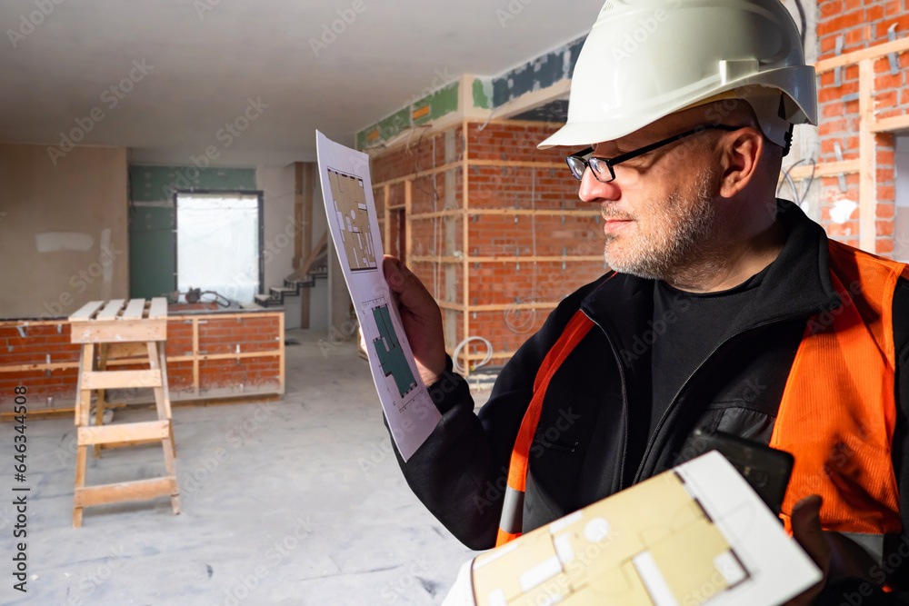 Man builder. Construction company employee. Guy with architectural ...