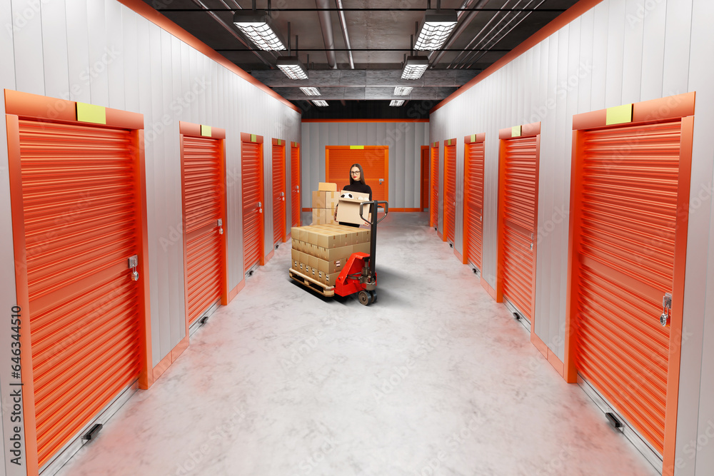 Warehouse building from inside. Corridor with gate in storage units ...