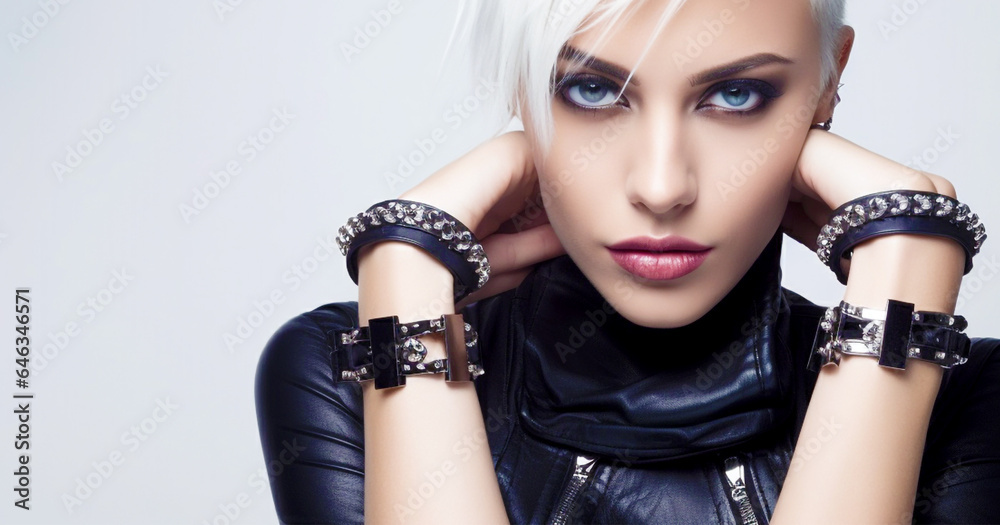 beautiful punk girl with white hair looking directly at the camera on a ...
