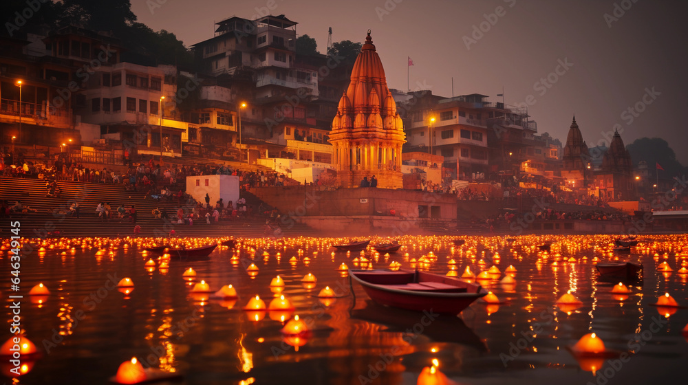 Ganges River during Diwali, floating lanterns and clay oil lamps on the ...