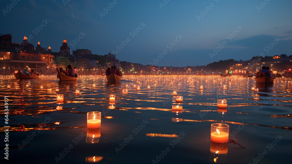 Ganges River during Diwali, floating lanterns and clay oil lamps on the ...