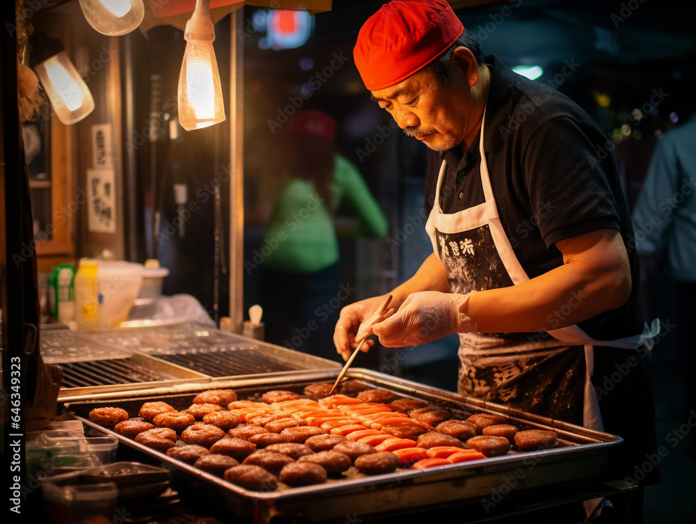 Japanese street food, Takoyaki vendor in Osaka, octopus balls cooking ...