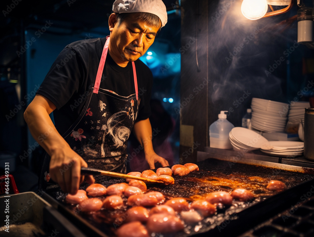 Japanese street food, Takoyaki vendor in Osaka, octopus balls cooking ...