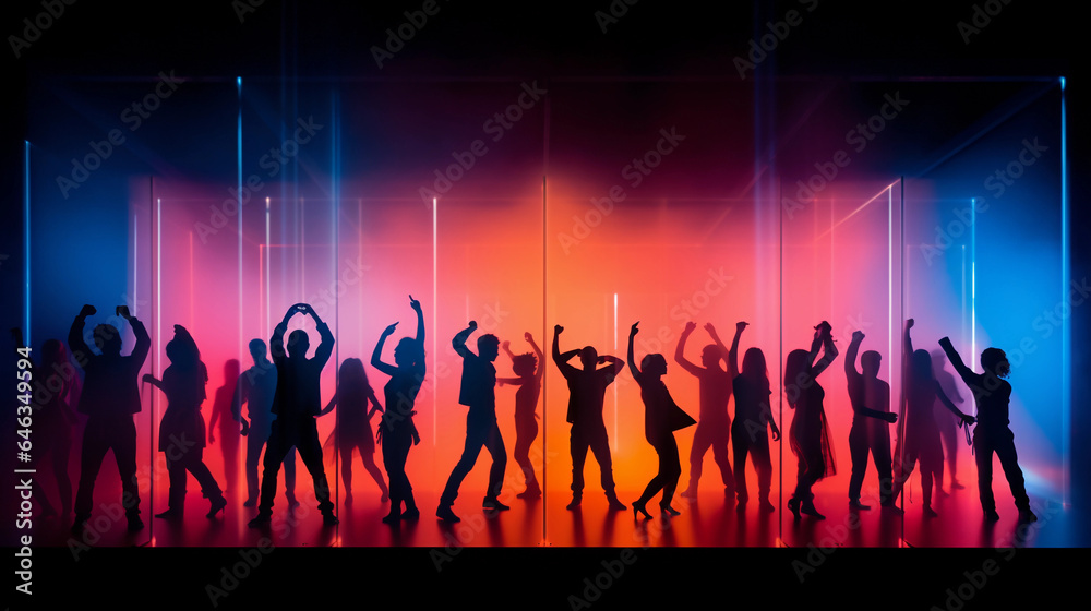 Neon - lit dance floor, pulsating lights, silhouettes of ecstatic ...
