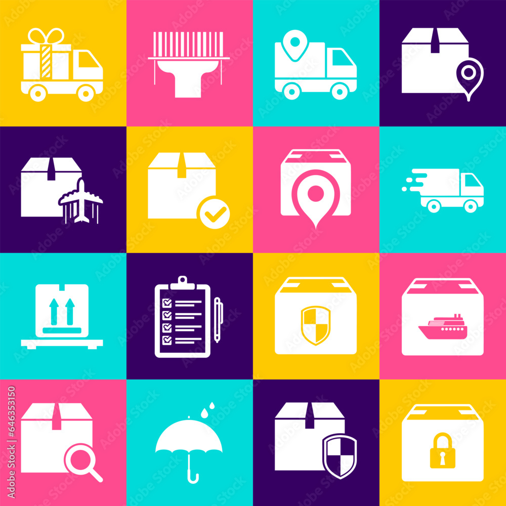 Set Locked package, Cargo ship with boxes, Delivery truck in movement, tracking, Package check ...