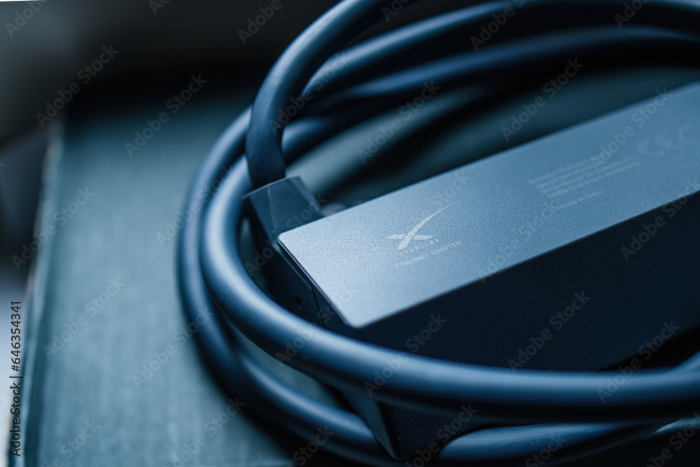 Frankfurt, Germany - 28 Jul 2023: SpaceX logotype on the new Ethernet ...