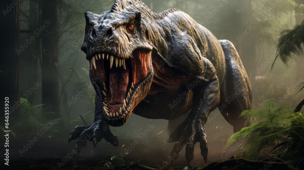 Tyrannosaurus rex roaring in the woods. Hunting angry T-Rex with a ...