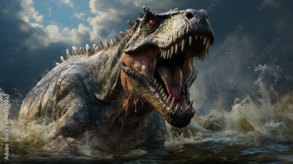Tyrannosaurus rex roaring in the water. Hunting angry T-Rex with a ...