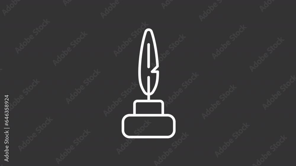 Quill pen white animated icon. Feather dipping in inkwell and writing ...