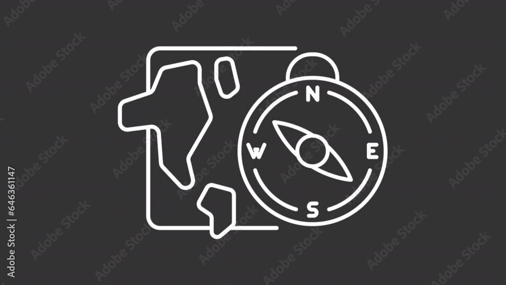 Geography white line animation. Map and compass with rotating arrow ...