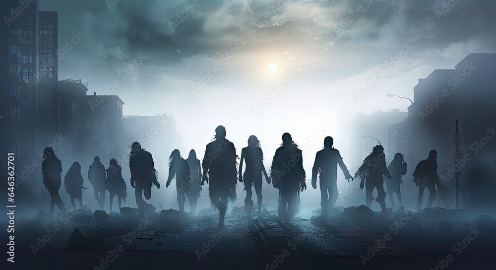 Misty night evening with the zombies walking in the abandoned city ...