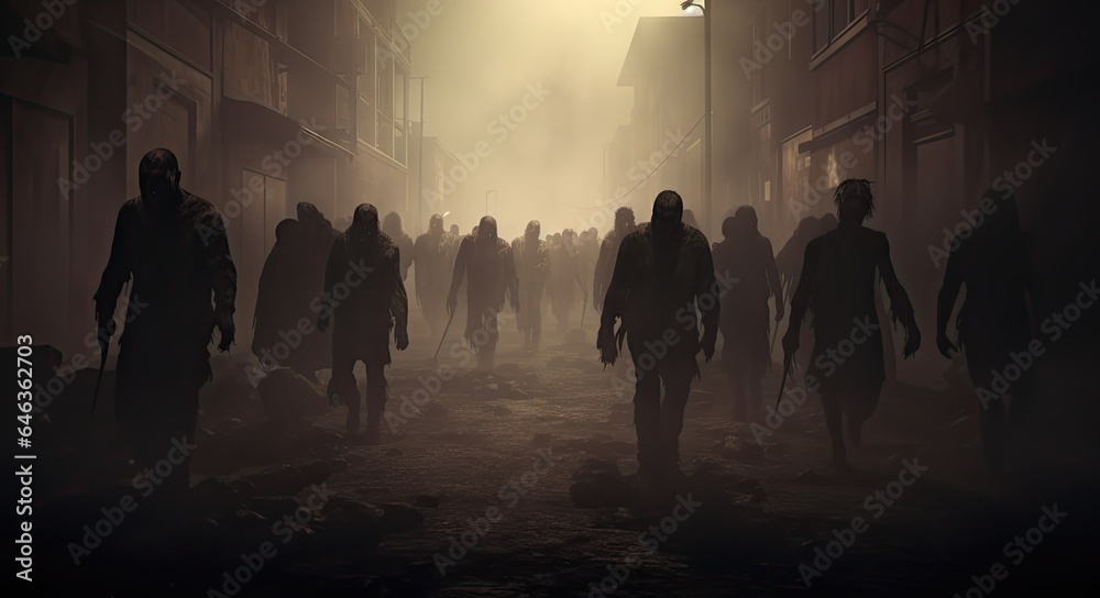 Misty night dawn sunset with the zombies walking in the abandoned city ...