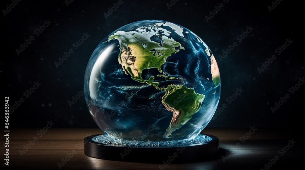 Craft a futuristic photograph of a glass globe encased in a transparent ...