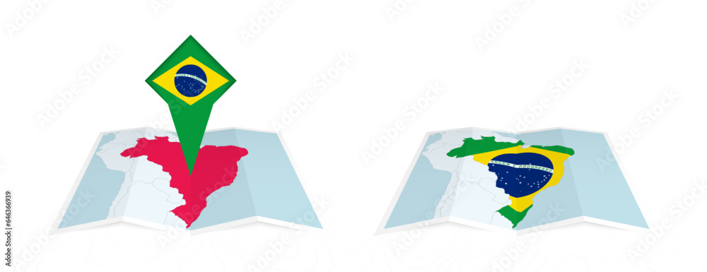 Two versions of an Brazil folded map, one with a pinned country flag ...