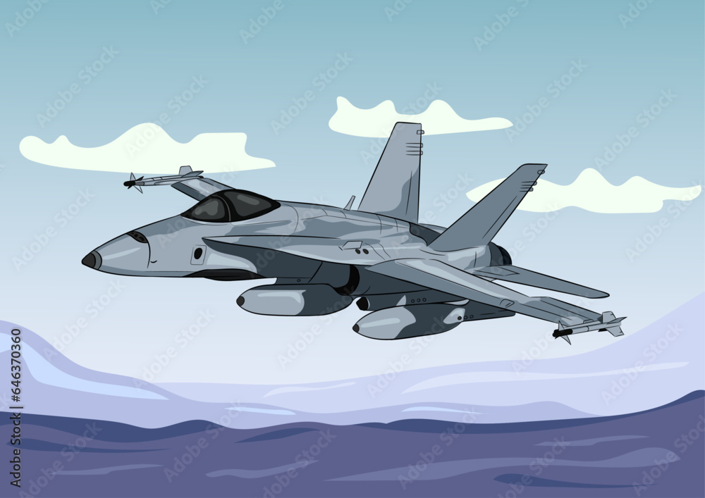 Vector illustration of Jet aircraft in sky. military fighter, jet ...