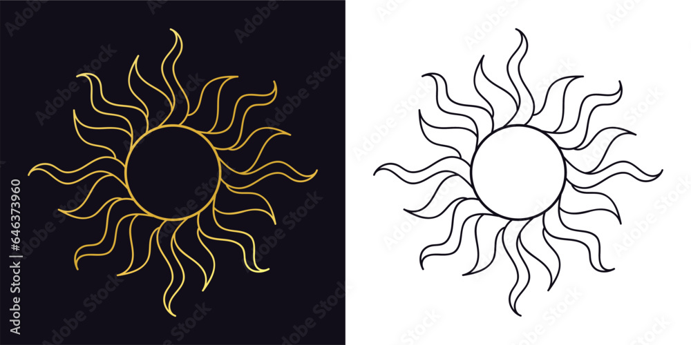 vector illustration of sun, line art sun, goldren metallic shiny ...