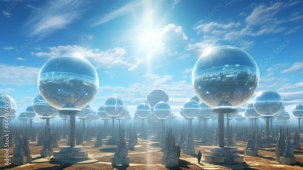 Craft an image of a glass globe surrounded by a circular array of solar ...