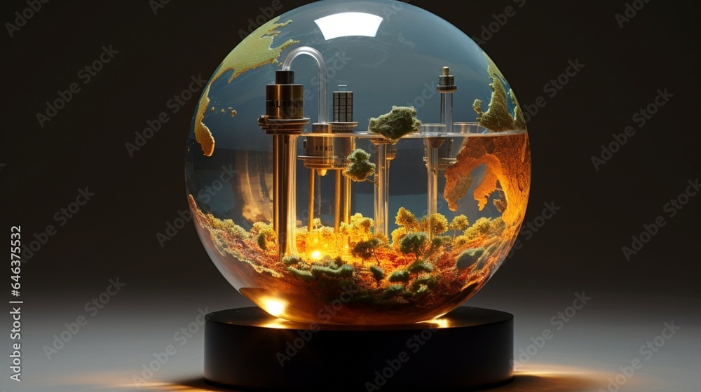 Craft an inspiring picture of a glass globe with a miniature geothermal ...
