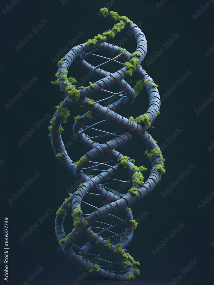 Dynamic representation of a DNA helix merging with nature's elements ...