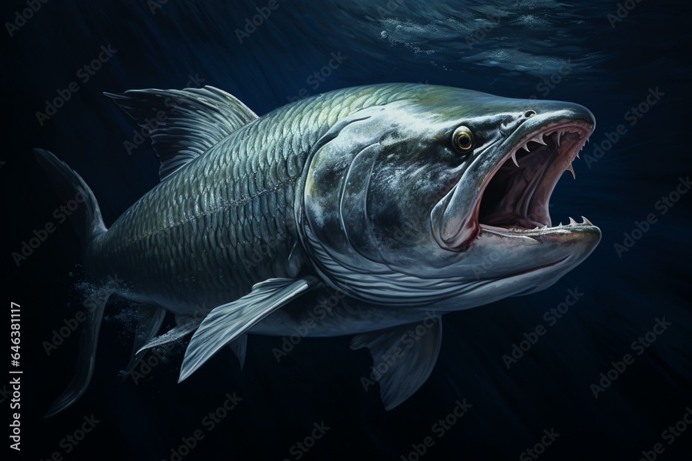 Realistic image of a big tarpon fish against a dark backdrop ...