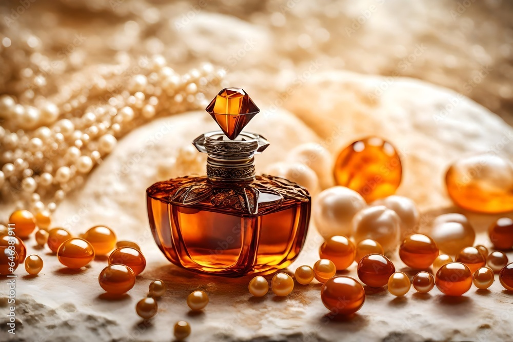 Isolated vintage amber color perfume on a white rock, pearls, texture ...