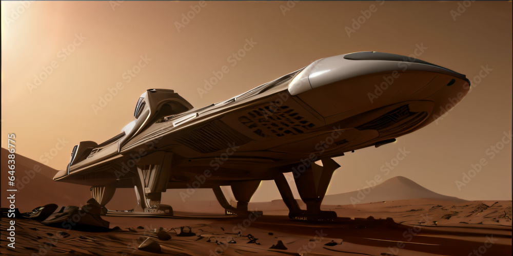 Futuristic scifi spaceship on mars like planet. Extremely detailed and ...