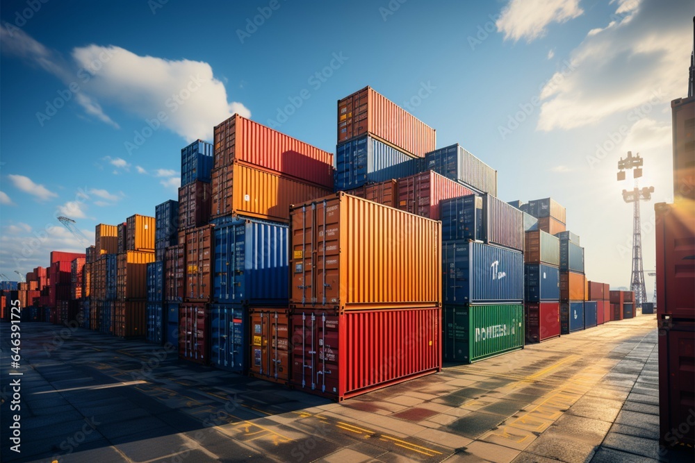 Maritime hub Containers stacked in a harbor, aboard a cargo ship Stock ...