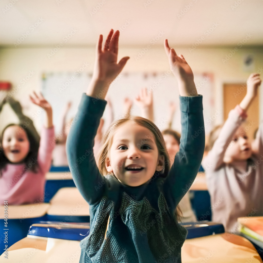 Portrait of a happy little girl raising hands in the classroom during a ...