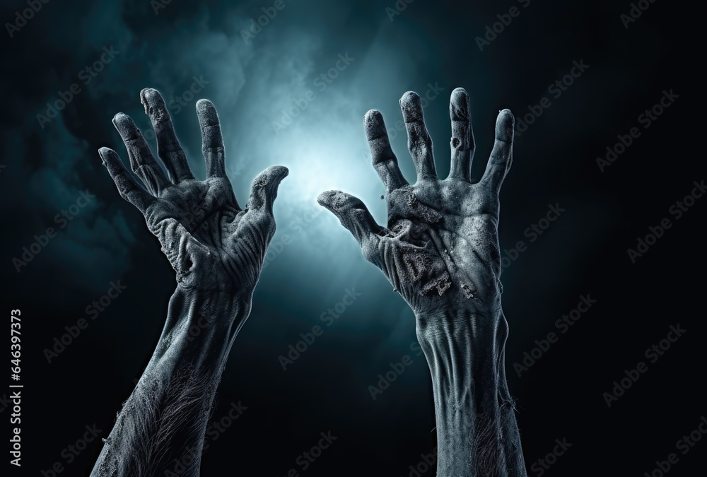 Scary zombie raising rotten hand for receive moonlight in Halloween ...